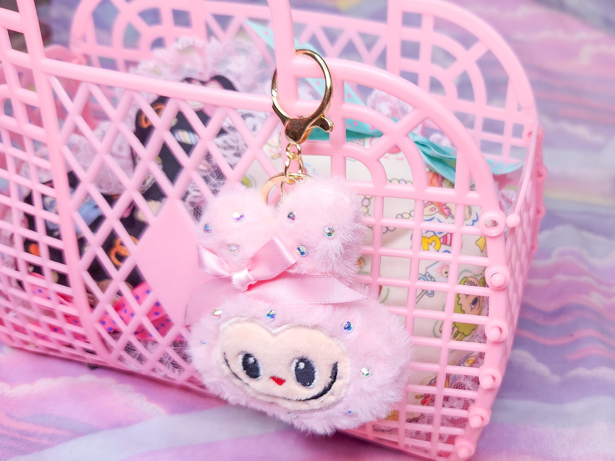 Pink Labubu head crystal bling plush bag charm, key chain trinket Lafu ...
